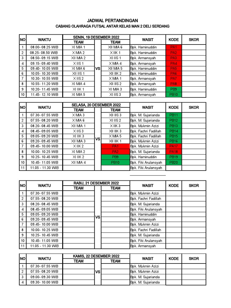 Schedule of Futsal Matches Between MAN 2 Deli Serdang Class Teams | PDF
