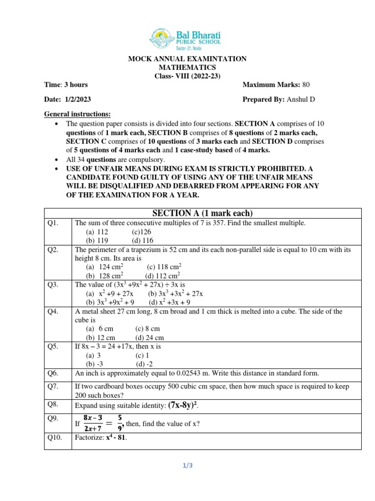 Maths Class VIII MOCK EXAM | PDF | Geometry | Mathematics