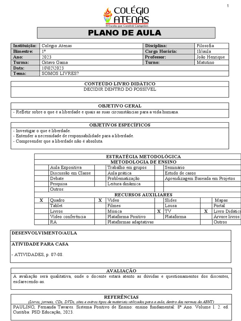 Plano de Aula - Oitavo Gama (Filosofia) | Download grátis PDF | Liberdade
