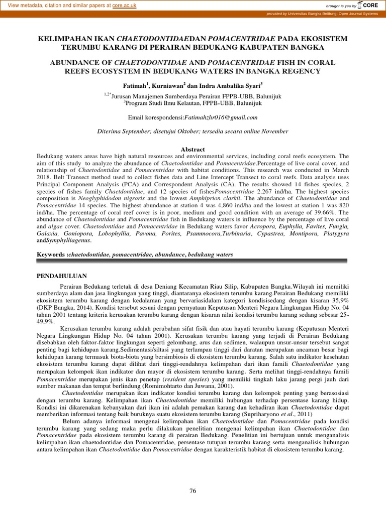 Abundance of Chaetodontidae and Pomacentridae Fish in Coral Reefs ...