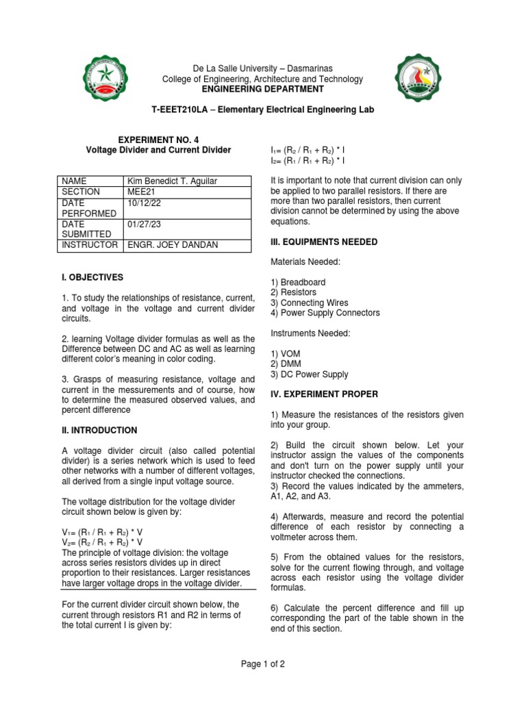Voltage and Current Divider Lab Report | PDF | Voltage | Resistor