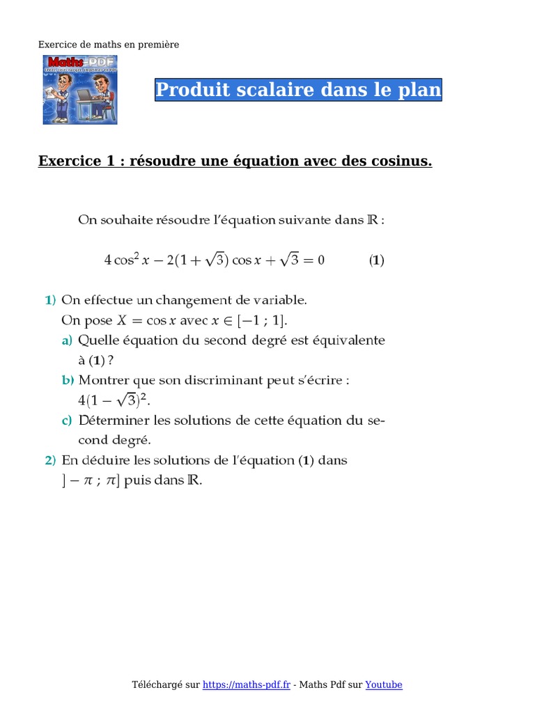 Exercices sur le produit scalaire en 1ère | PDF