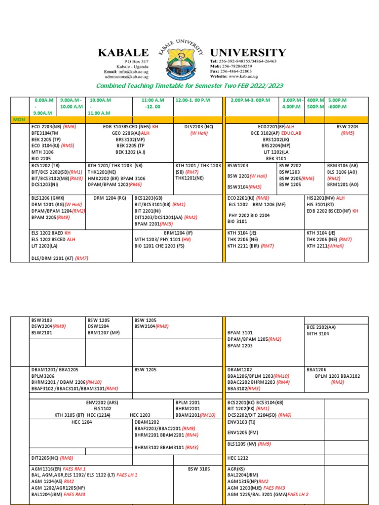 Combined Teaching Timetable for Semester Two | PDF