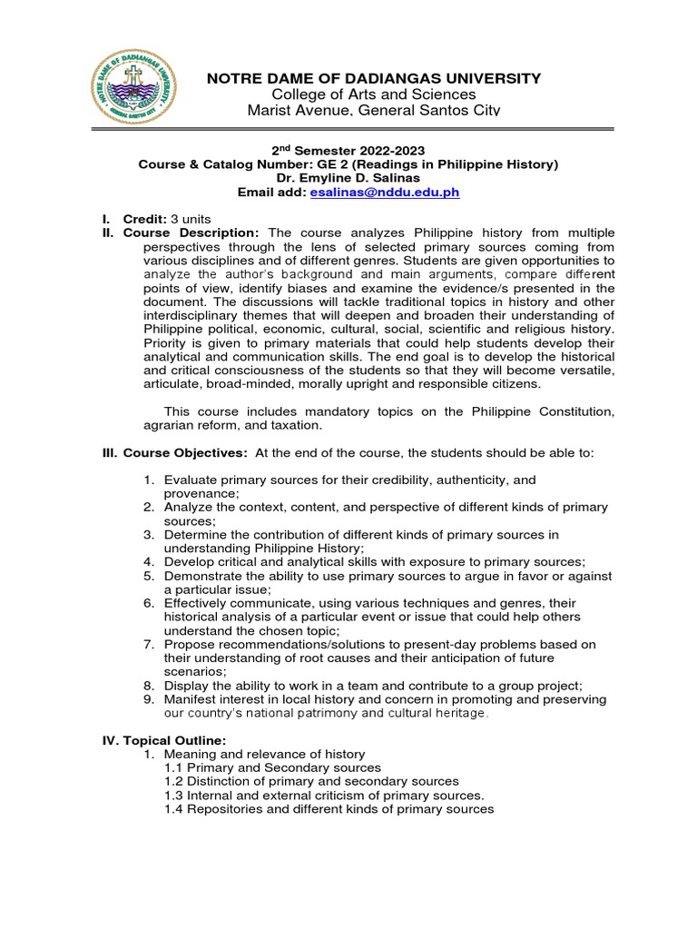 Course Outline GE 2 AY 2022 2023 2nd Sem | PDF | Primary Sources ...