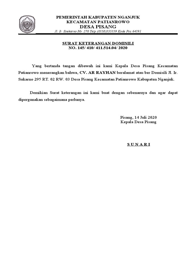 Surat Keterangan Domisili Cv. | PDF