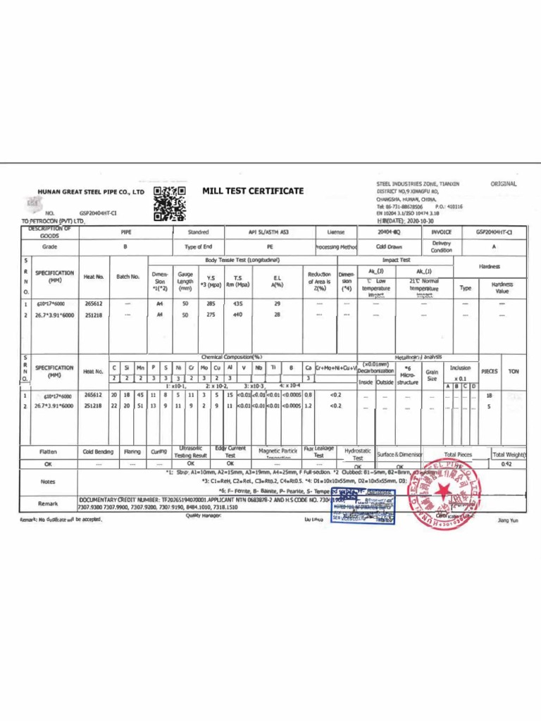 Mill Test Certificate for ASTM A53 Pipe | PDF | Physical Sciences