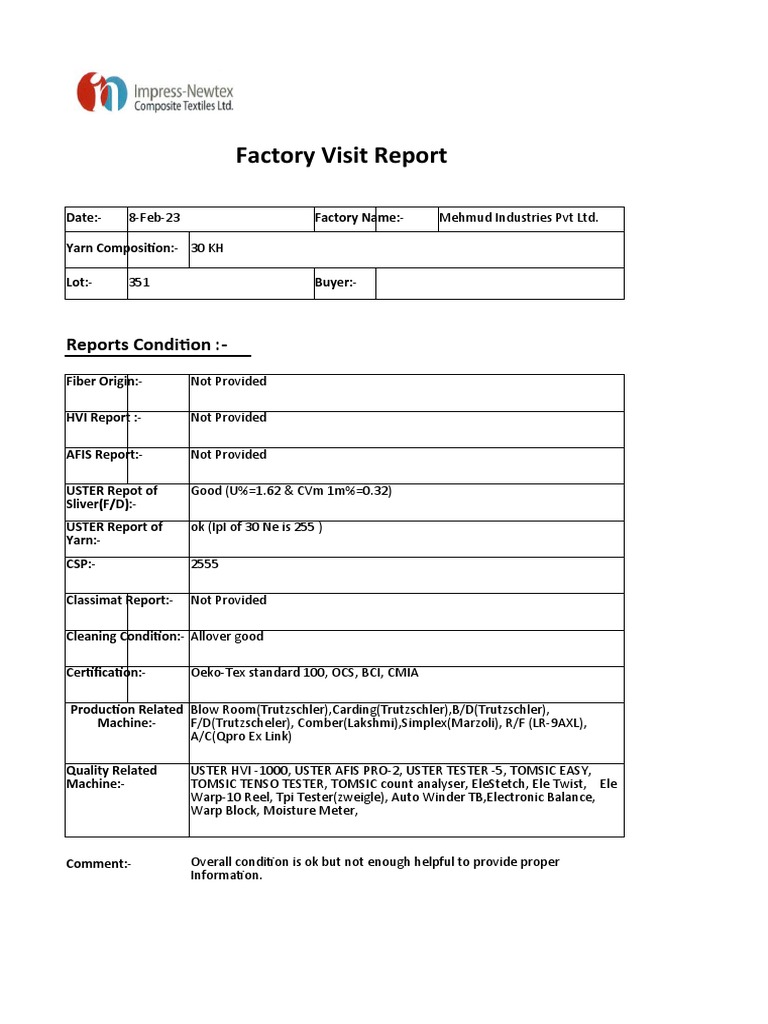 Factory Visit Report (1668) | PDF | Yarn | Textile Industry
