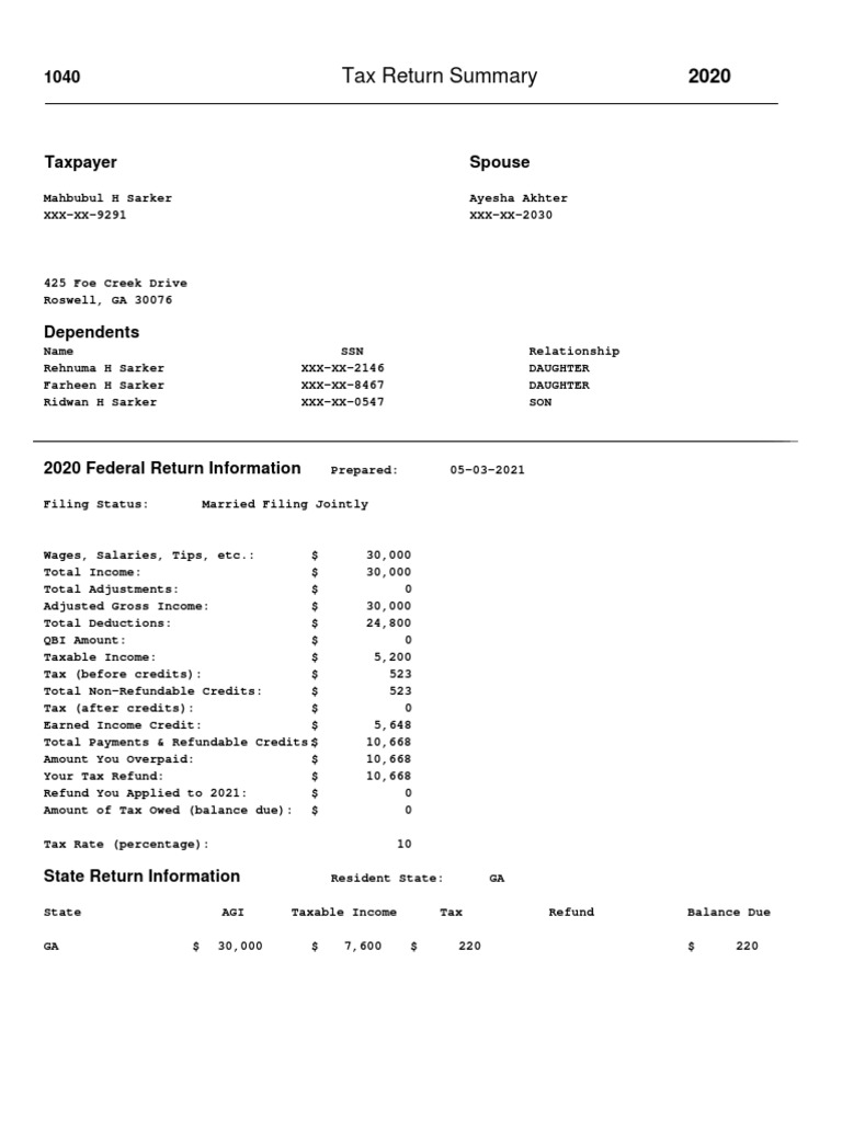 Tax Return 2020 | PDF | Tax Refund | Tax Deduction