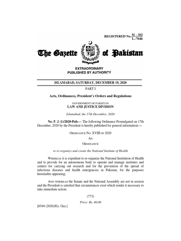 NIH Reorganization Ordinance 2020 | PDF | Government Of Pakistan ...