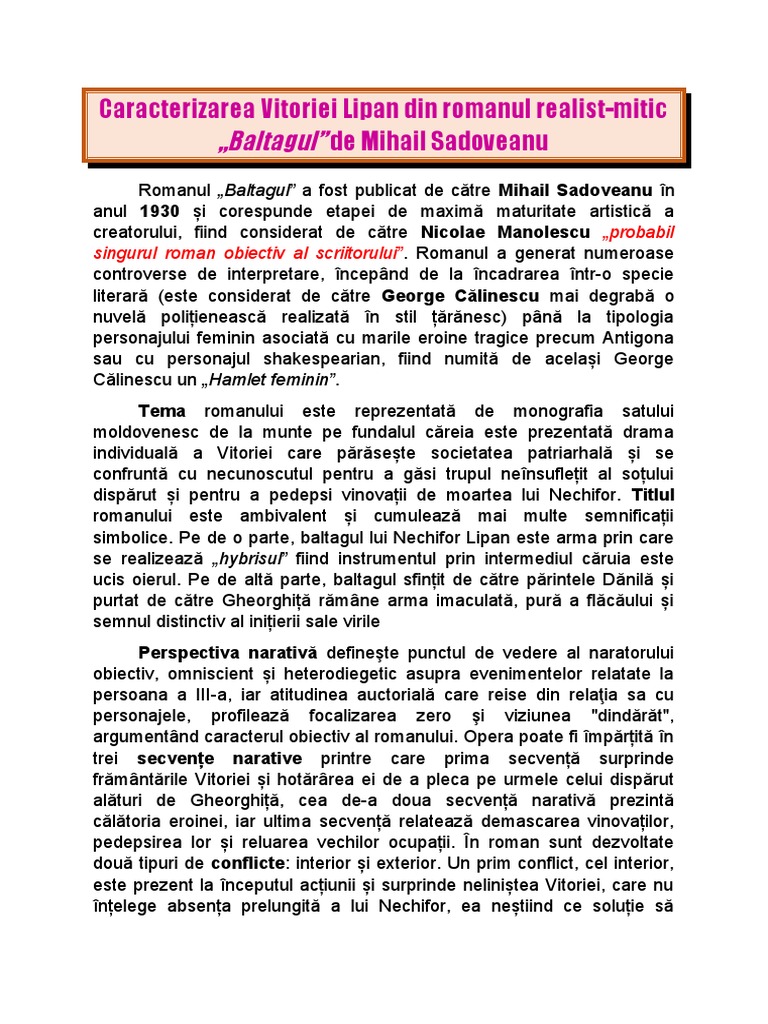 Baltagul - 2 Caracterizarea | PDF