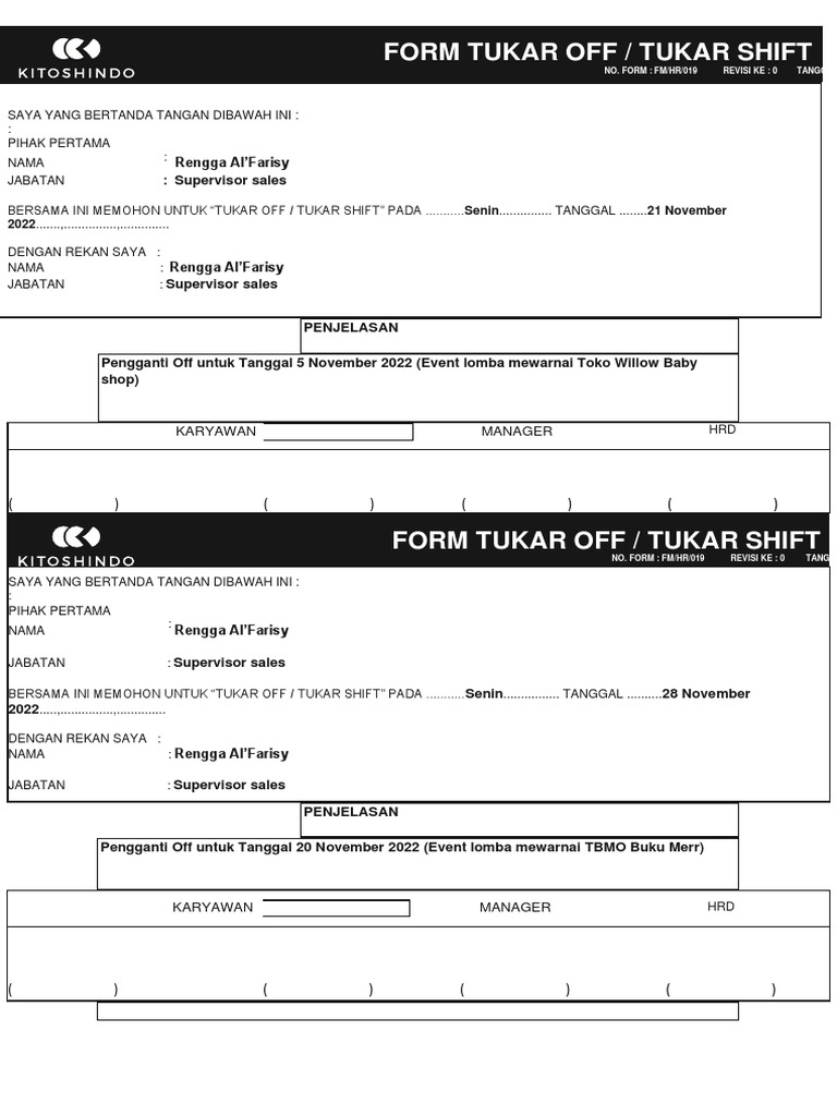 Formulir Tukar Shift Kerja 2022 | PDF