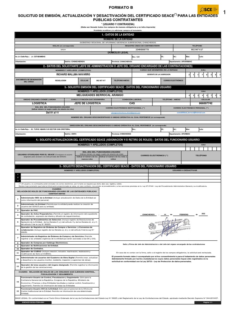 Formato B - Solicitud de Emisión, Actualización y Desactivación Del Certificado Seace para Las ...