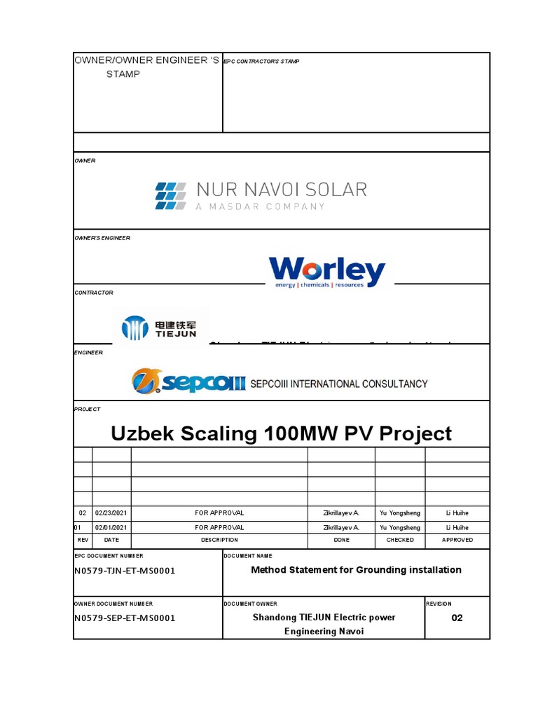 Grounding Method Statement for 100MW PV Project | PDF | Quality ...