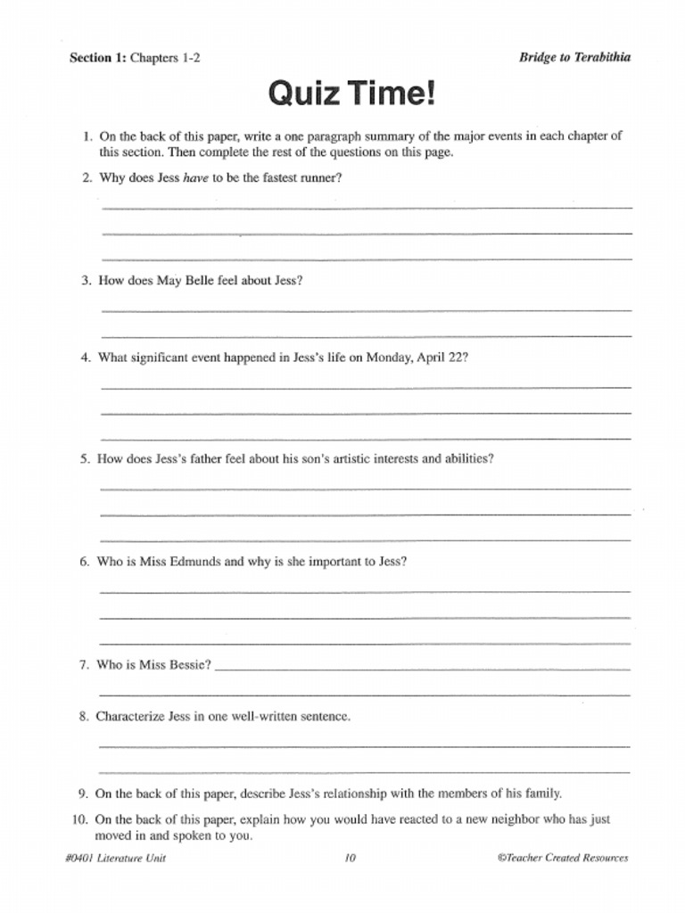 Bridge To Terabithia Qt. Ch. 1 2 | PDF