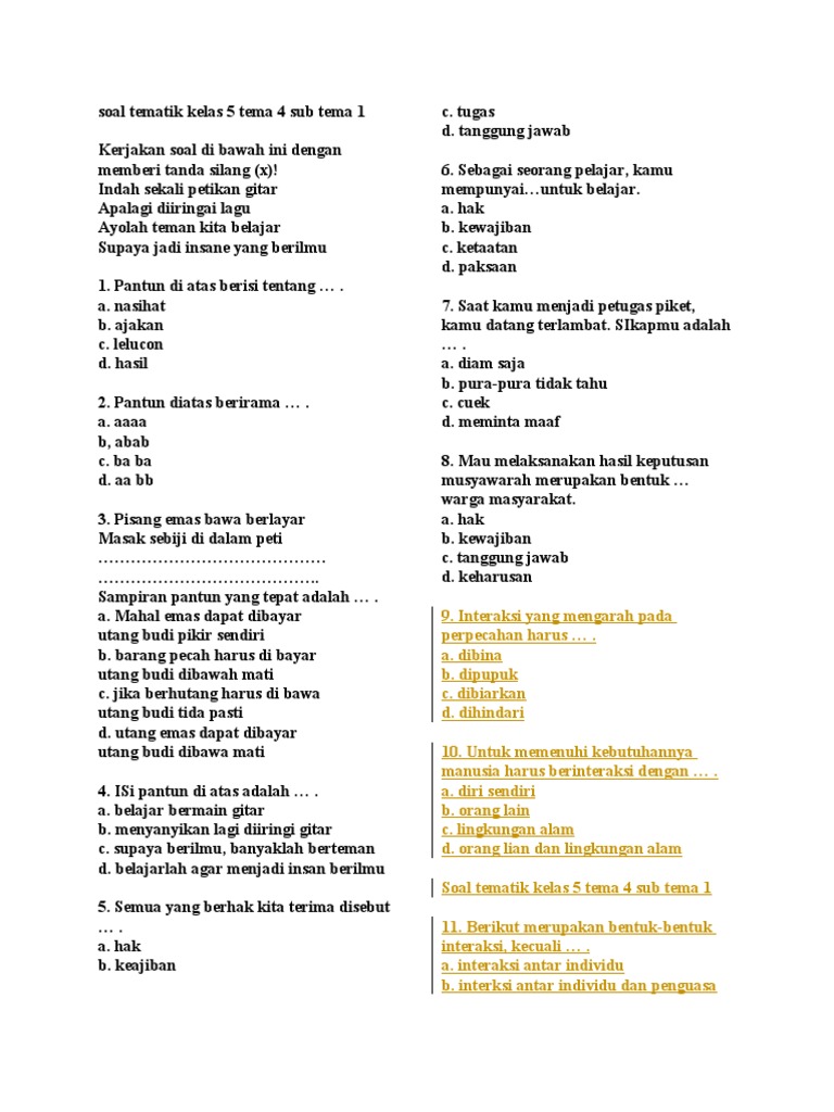 Soal Tematik Kelas 5 Tema 4 Sub Tema 1 | PDF