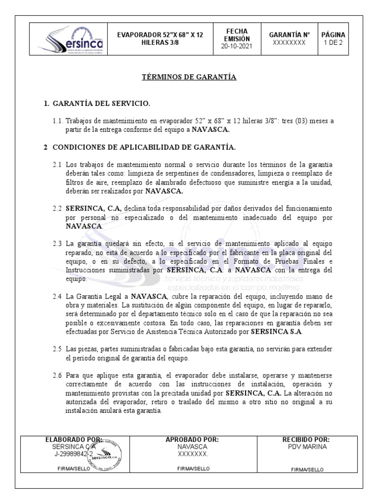 Garantía Evaporador NAVASCA 52"x68" | PDF | Ciencias fisicas