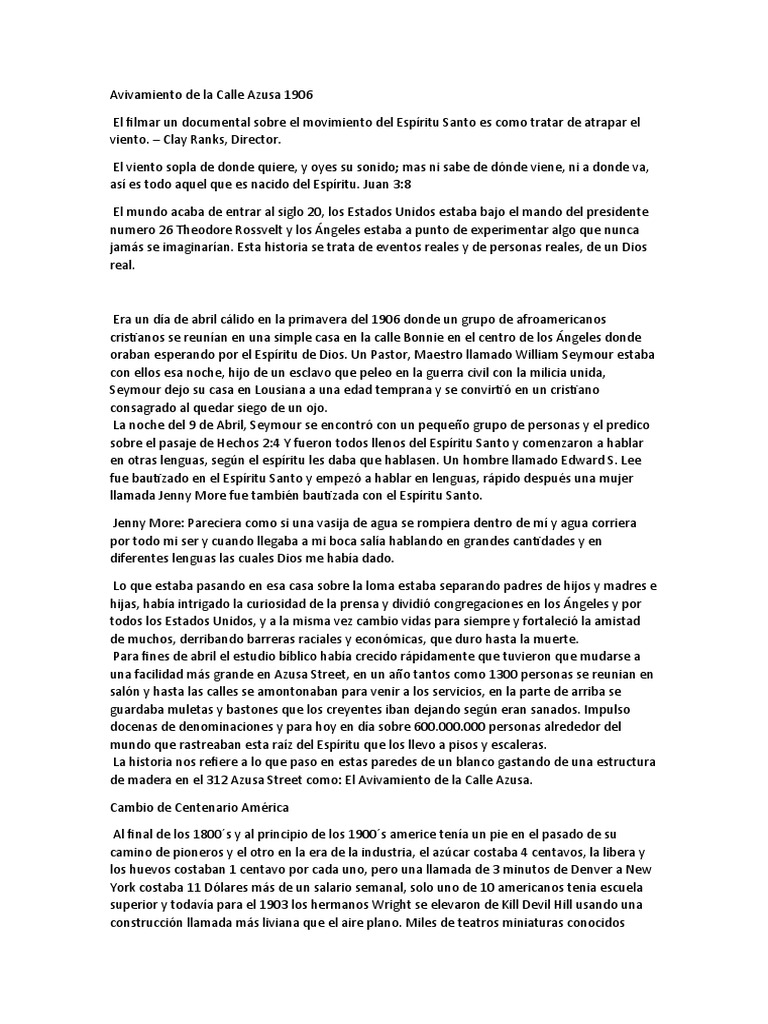 Avivamiento de Azusa 1906: Historia y Impacto | PDF | Santificación ...