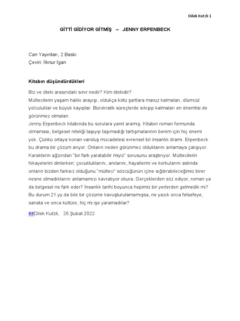 Dilek - Kutzli - Gitti - Gidiyor - Gitmis - JENNY ERPENBECK | PDF