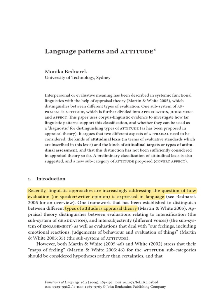 Bednarek - 2009 - Language - Patterns - and - Attitude (Categories of Attitudes) | Download Free ...
