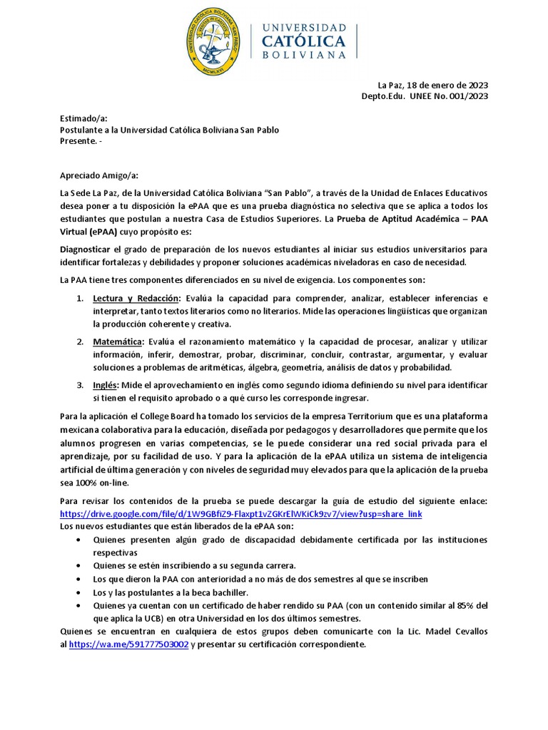 Carta Paa 2023 | PDF | Educación más alta | Matemáticas