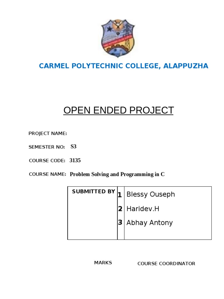 Open Ended Project: Carmel Polytechnic College, Alappuzha | PDF