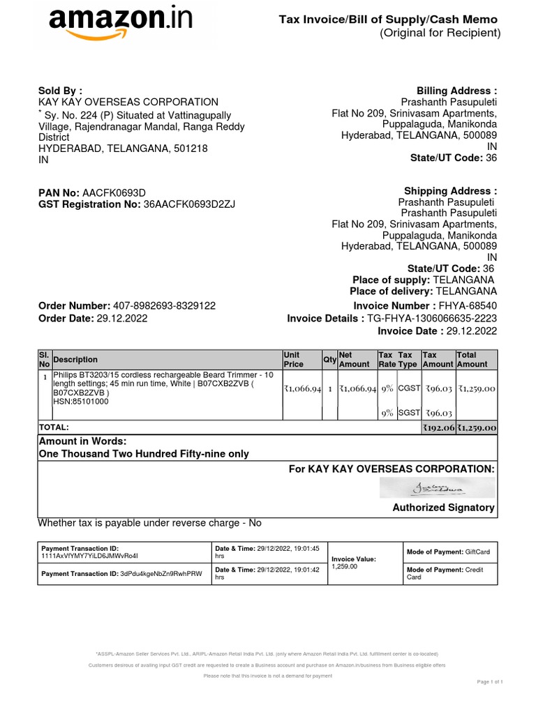 Tax Invoice/Bill of Supply/Cash Memo: (Original For Recipient) | PDF ...