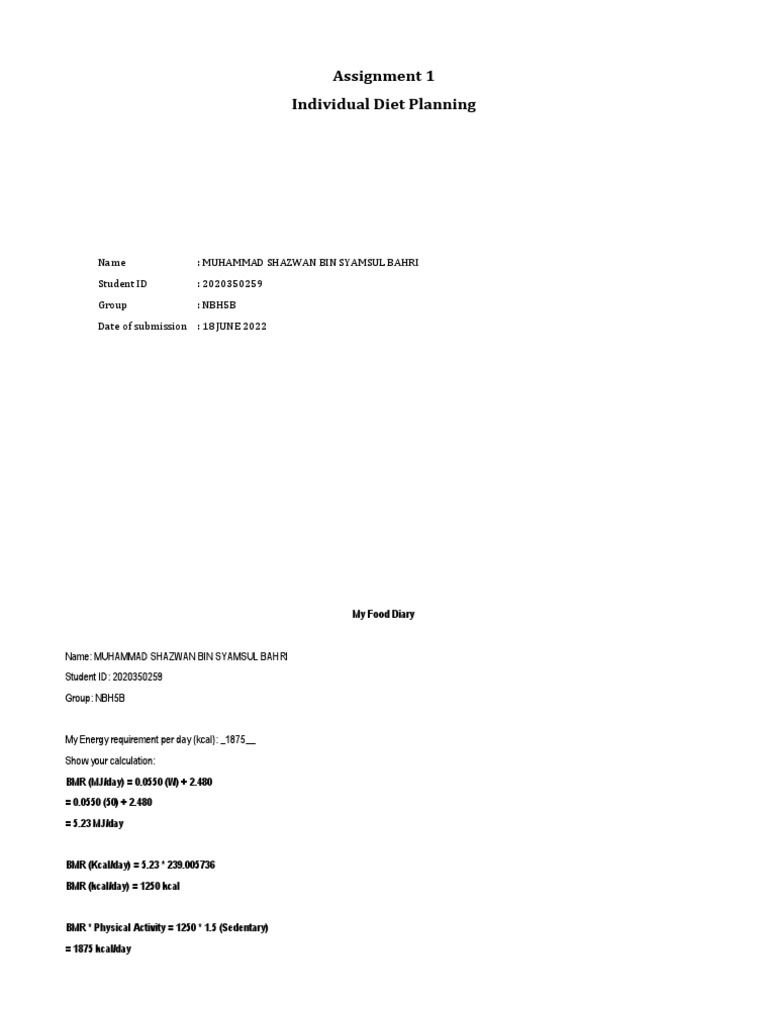 Assignment 1 - My Food Diary Template | PDF | Food Energy | Body Mass Index