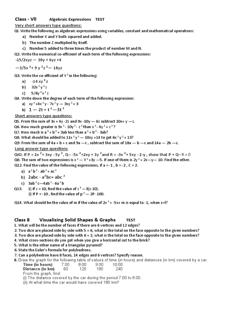 Class 7 Algebraic Expressions Class 8 Visualising Solid Shapes & Graphs | PDF | Euclidean ...