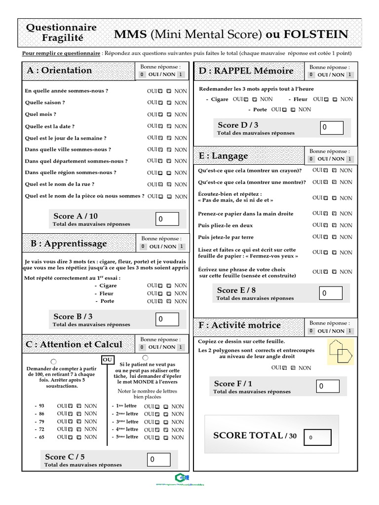 MMS (Mini Mental Score) Ou FOLSTEIN: Questionnaire Fragilité | PDF ...