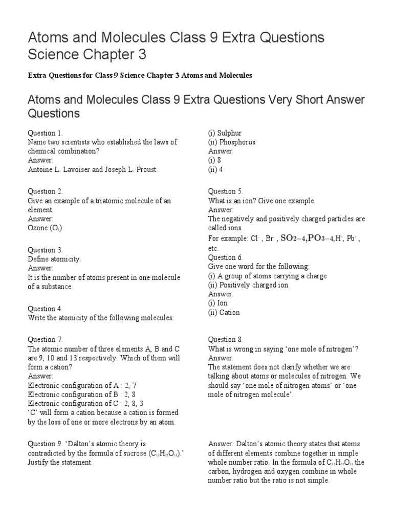 Atoms and Molecules Class 9 Extra Questions Science Chapter 3 | PDF | Mole (Unit) | Molecules