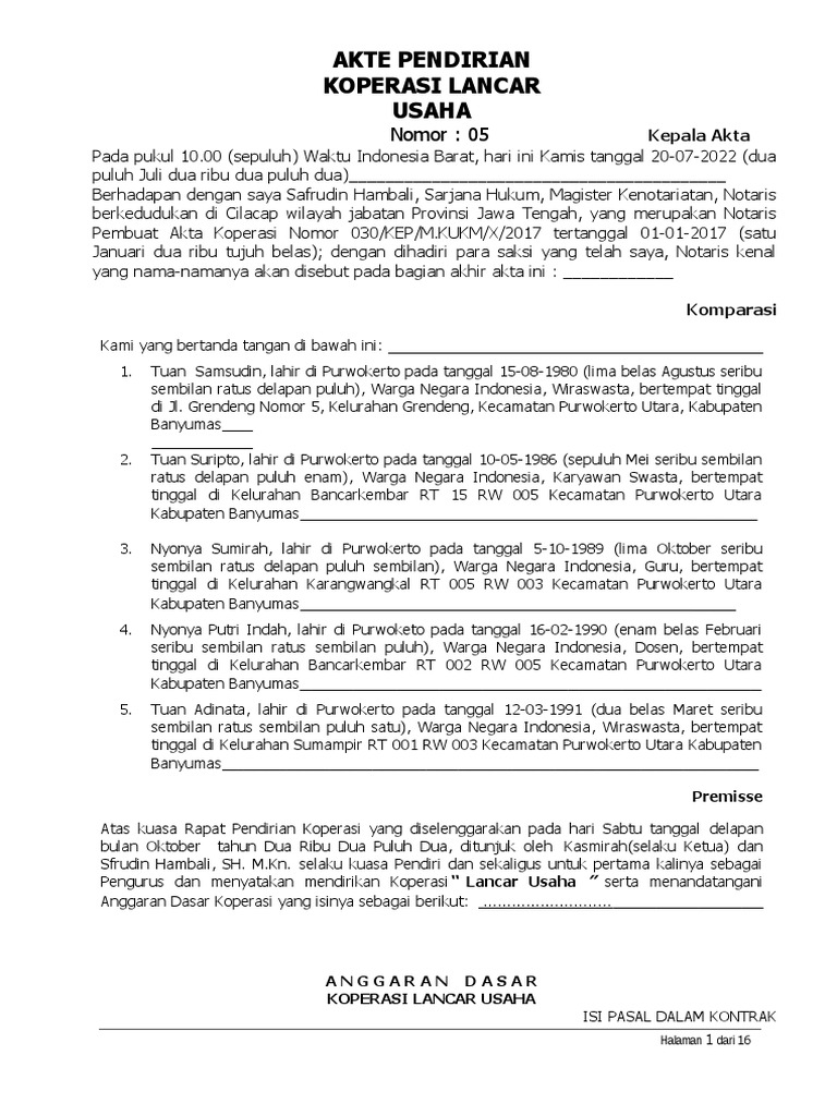 Akta Pendirian Koperasi | PDF