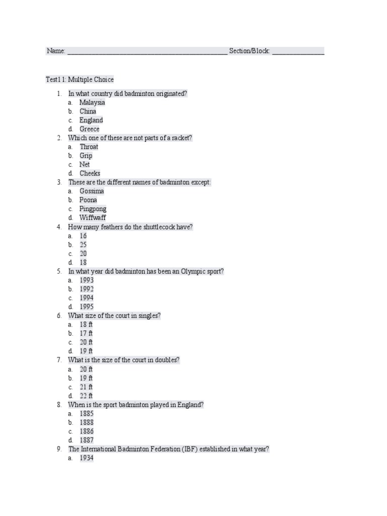 Badminton Quiz: Rules and Facts | PDF