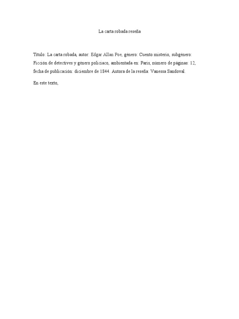 La Carta Robada Poe Misterio Cuento Pdf