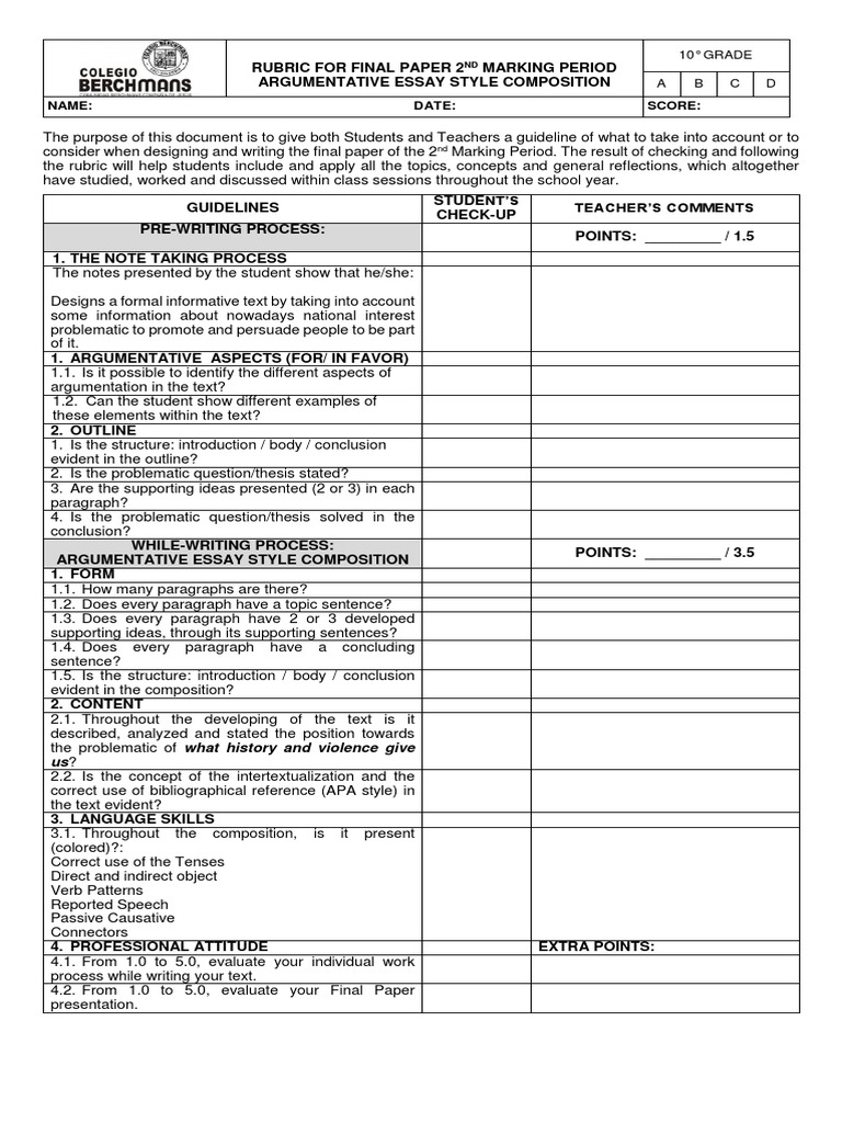 Argumentative Essay Rubric 10TH Grade 2ND Marking Period | PDF | Essays ...