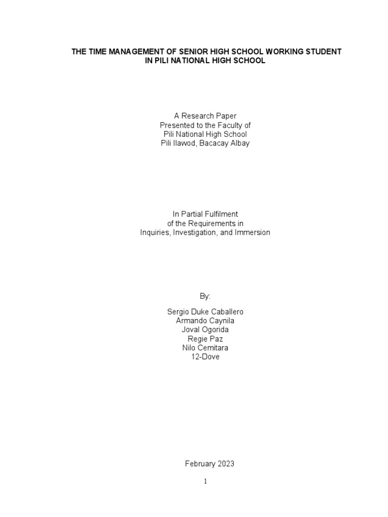 The Time Management of Senior High School Working Student in Pili ...