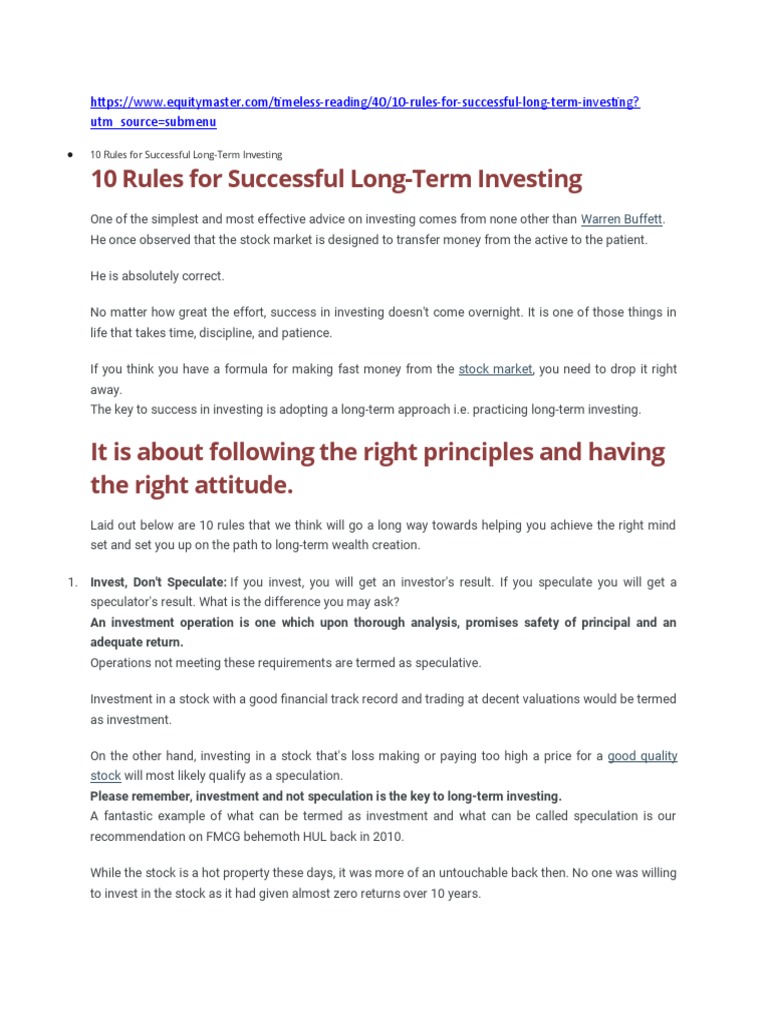 10 Rules For Successful Long-Term Investing | PDF