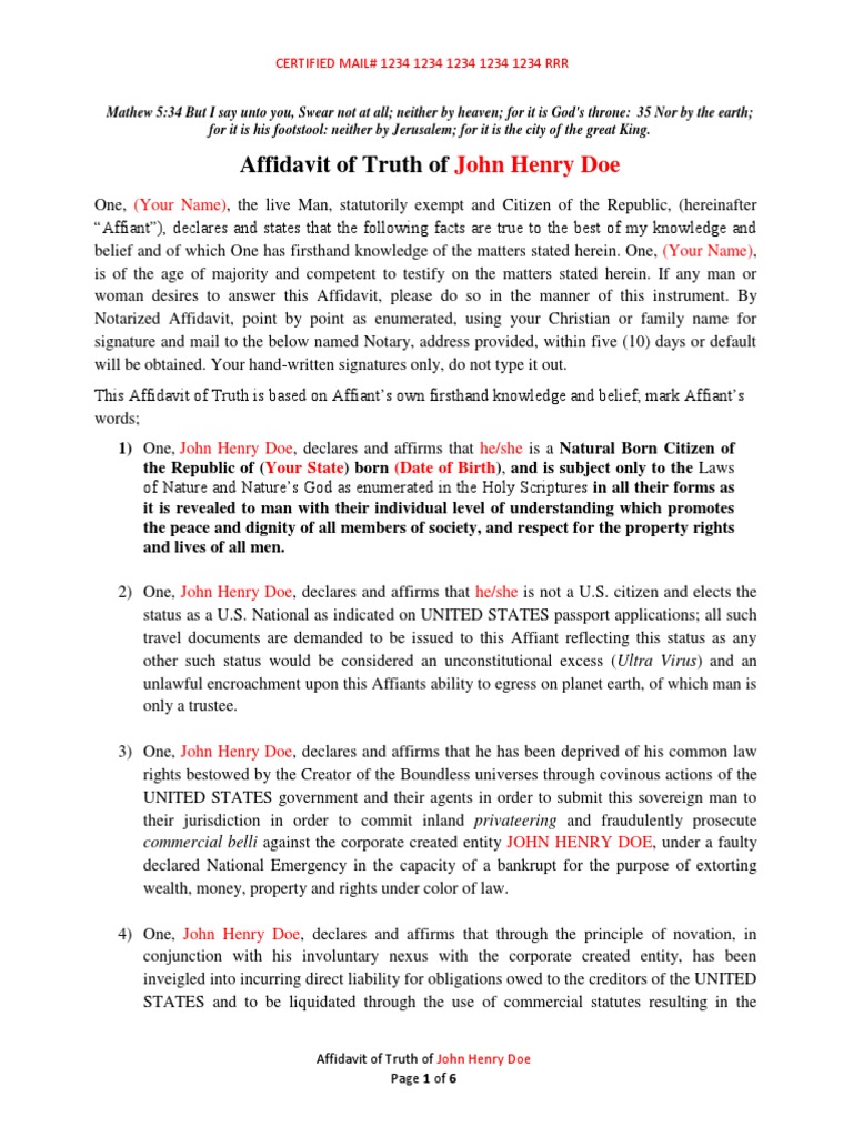 Affidavit of Truth of John Henry Doe | PDF | Affidavit | Article One Of ...