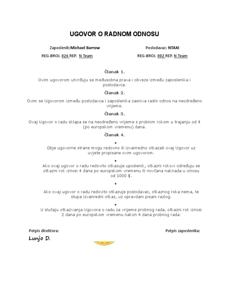 Ugovor o Radu Michael Barrow | PDF