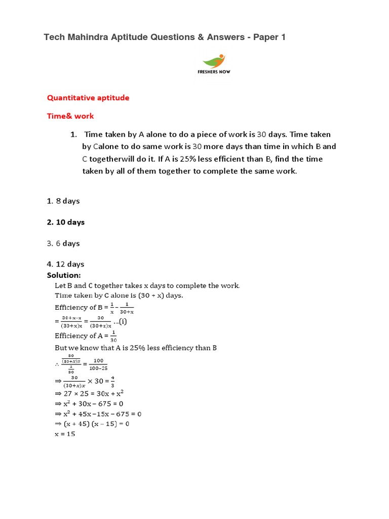 Tech Mahindra Aptitude Questions Answers Paper 1 Pdf Speed 