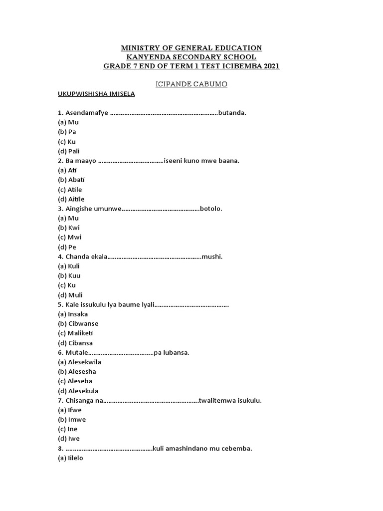Kanyenda Secondary School Grade Seven Icibemba 2021 | PDF
