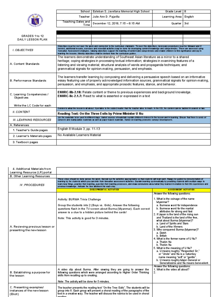 English 8 DLL 3rd | PDF | Learning | Curriculum
