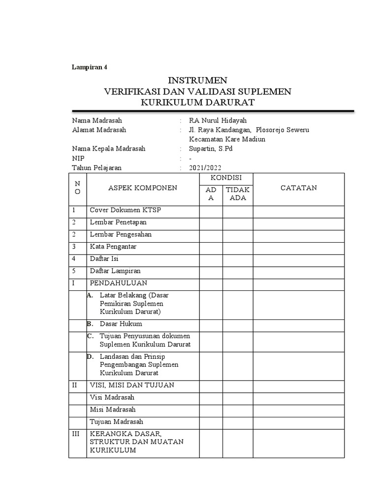 Lembar Validasi Kurikulum Darurat | PDF