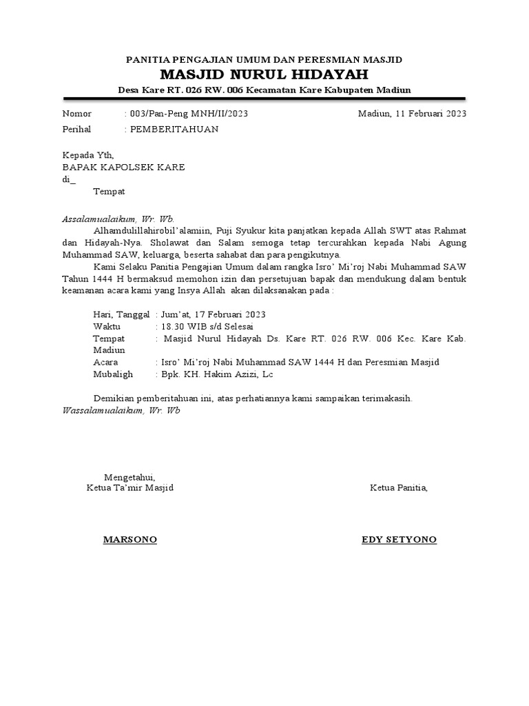 Surat Pemberitahuan Ke Kapolsek | PDF