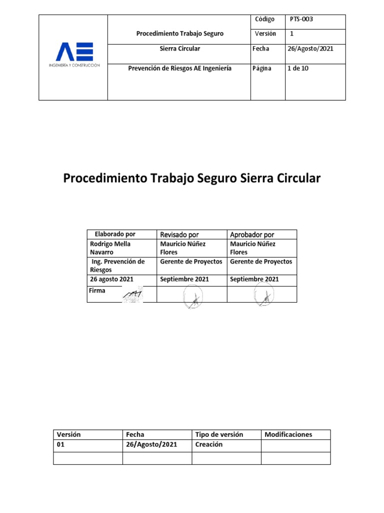Procedimiento Trabajo Seguro Sierra Circular | PDF | Herramientas