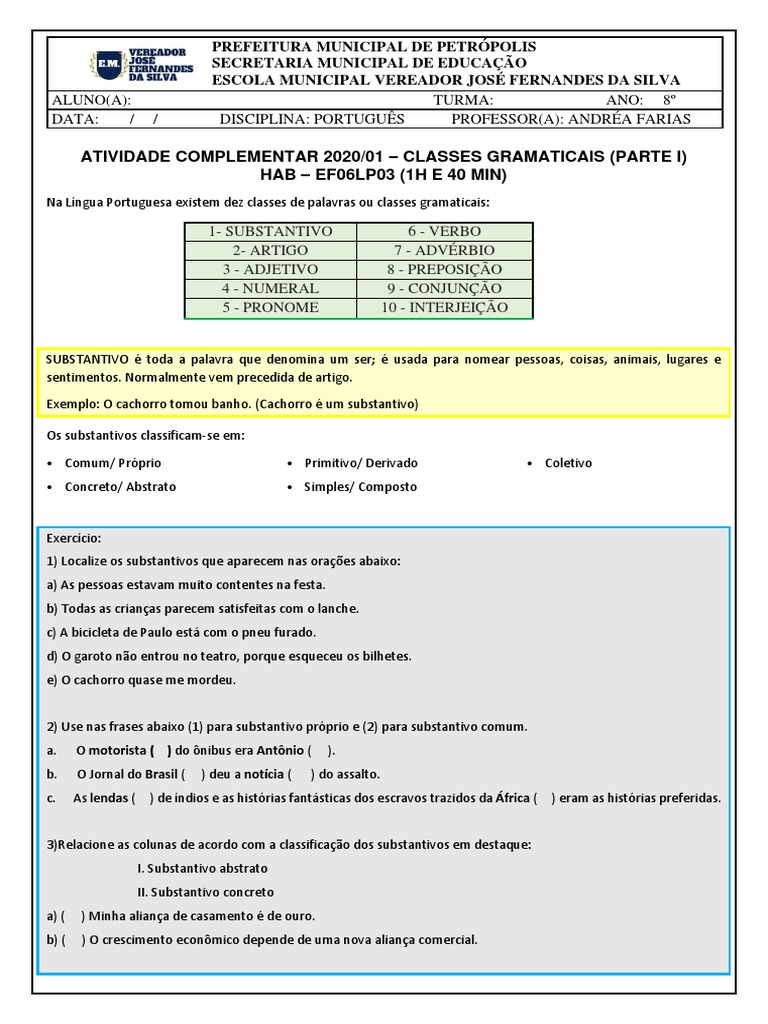 Atividade Complementar 2020 01 8 Ano PDF | PDF | Classe gramatical | Substantivo