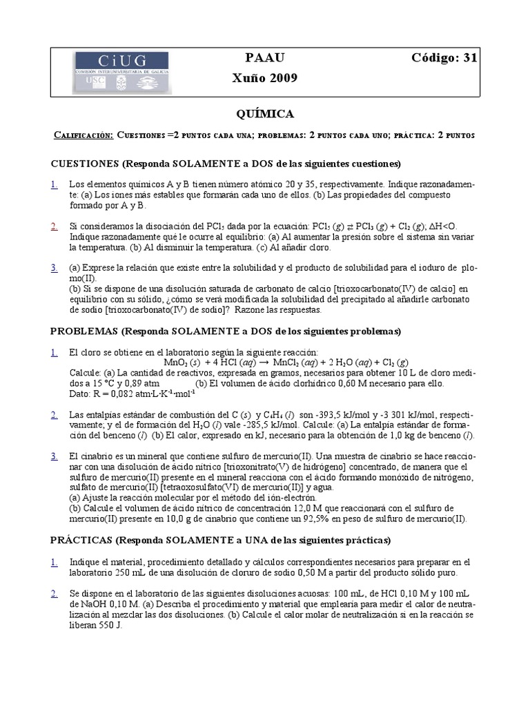 Pau Quim Jun 09 | PDF | Solubilidad | Equilibrio químico