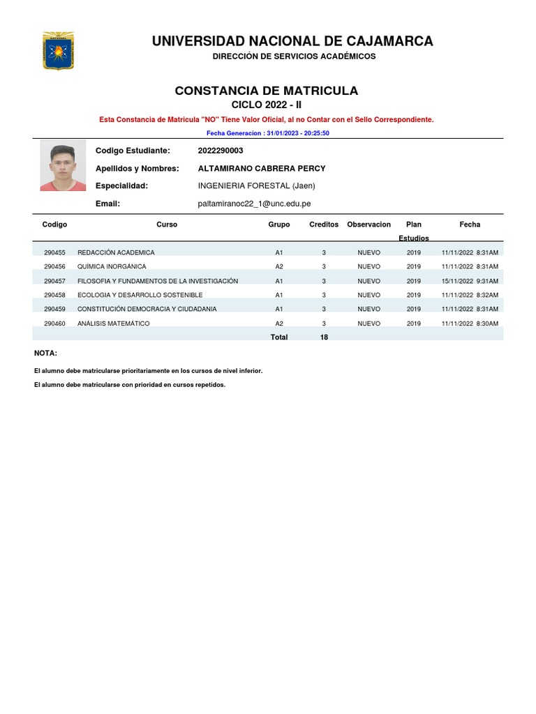 Constancia Matric Ula Estudiante PDF | PDF