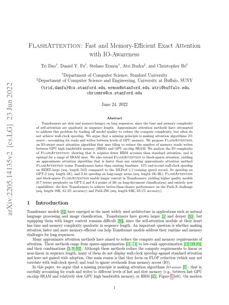 Flashattention: Fast and Memory-Efficient Exact Attention With Io-Awareness | PDF | Random ...