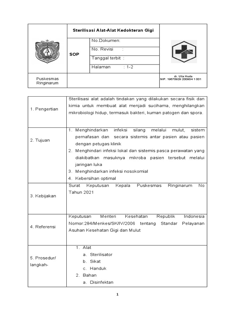 SOP Sterilisasi Alat Kedokteran Gigi 2022 | PDF