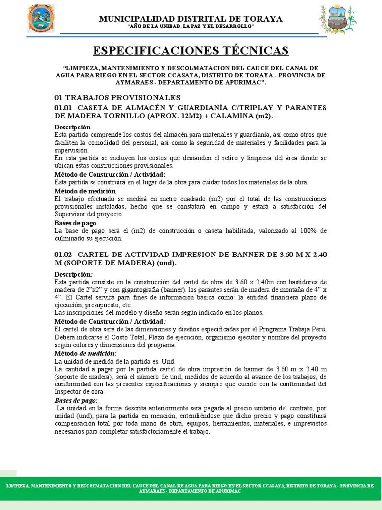 Especificaciones Tecnicas Canal Toraya | PDF | Hormigón | Cemento